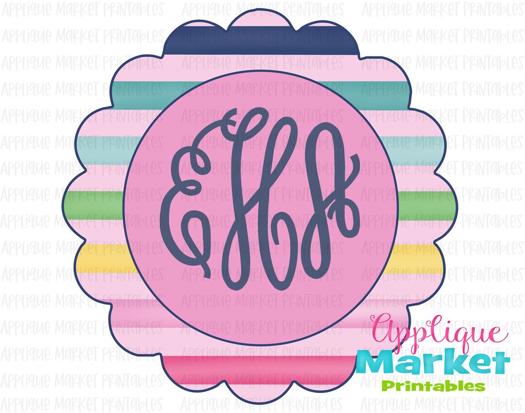Preppy Stripe Pink Green Blue Green Scallop Circle Monogram Frame ...