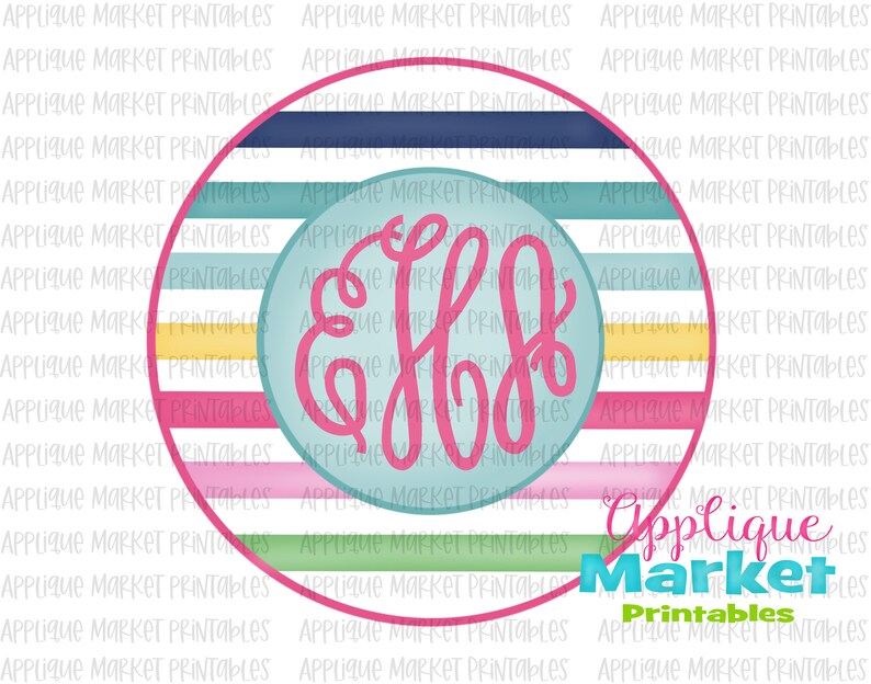 Preppy Stripe Pink Green Blue Green Circle Monogram Frame Watercolor ...