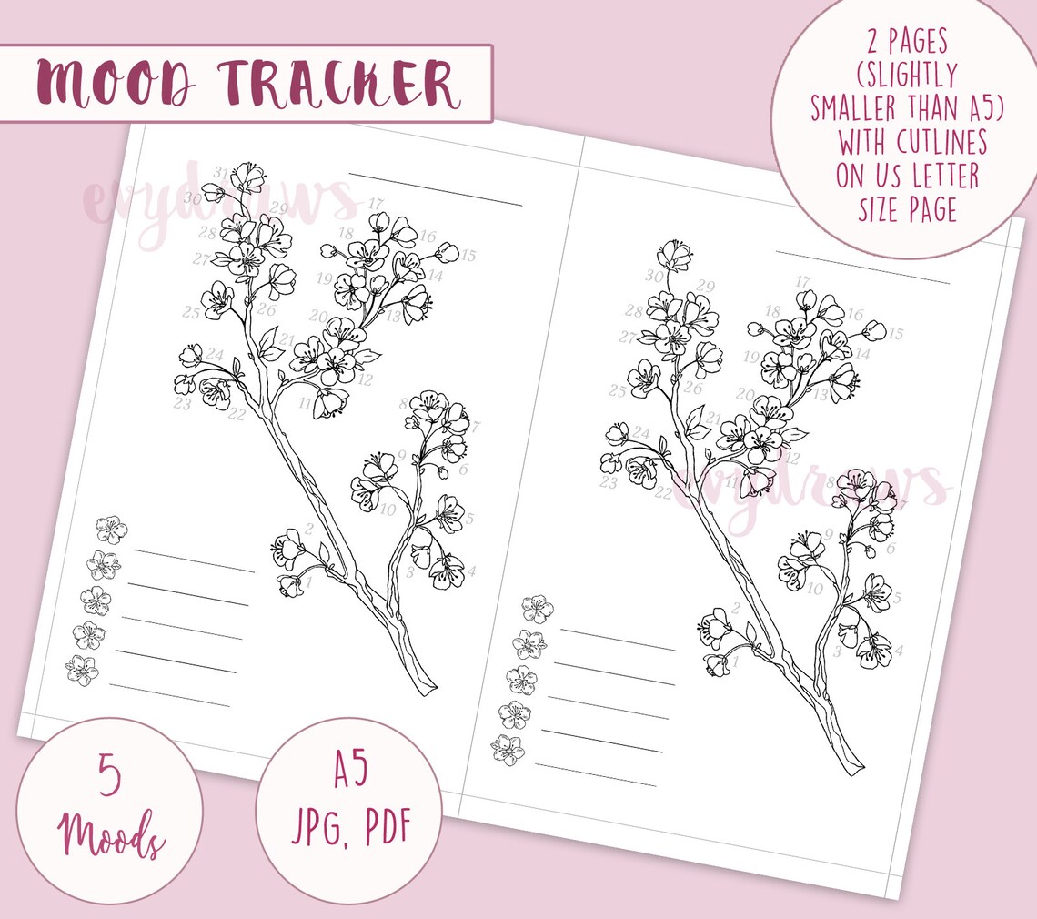 Hand-drawn CHERRY BLOSSOM Mood Tracker Printable Page - Etsy