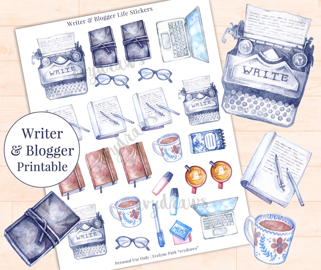 Blogging & Writing Stickers PRINTABLE | Typewriter, Journals, Coffee ...