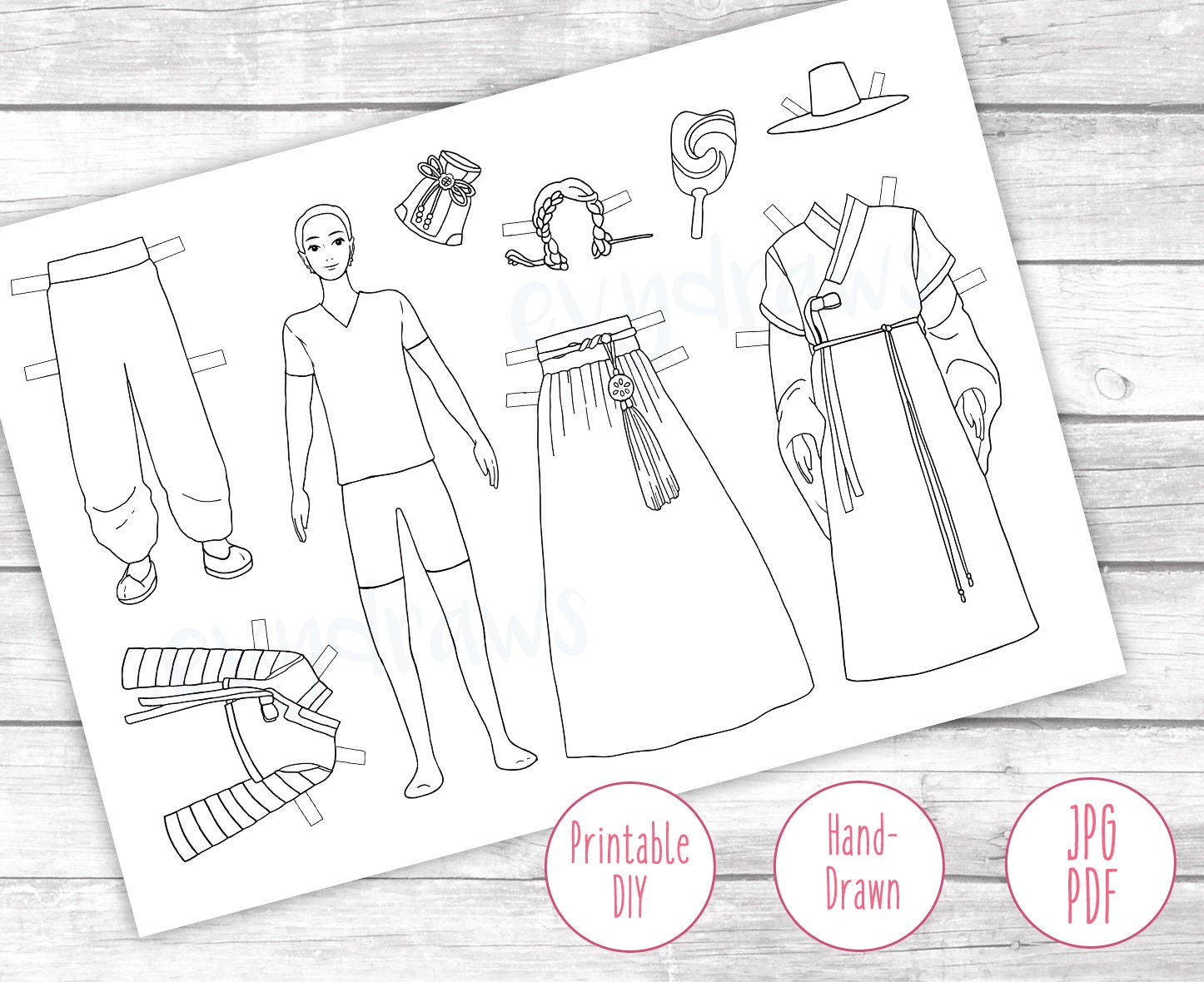 Korean Hanbok Paperdoll Printable Traditional Korea Coloring - Etsy