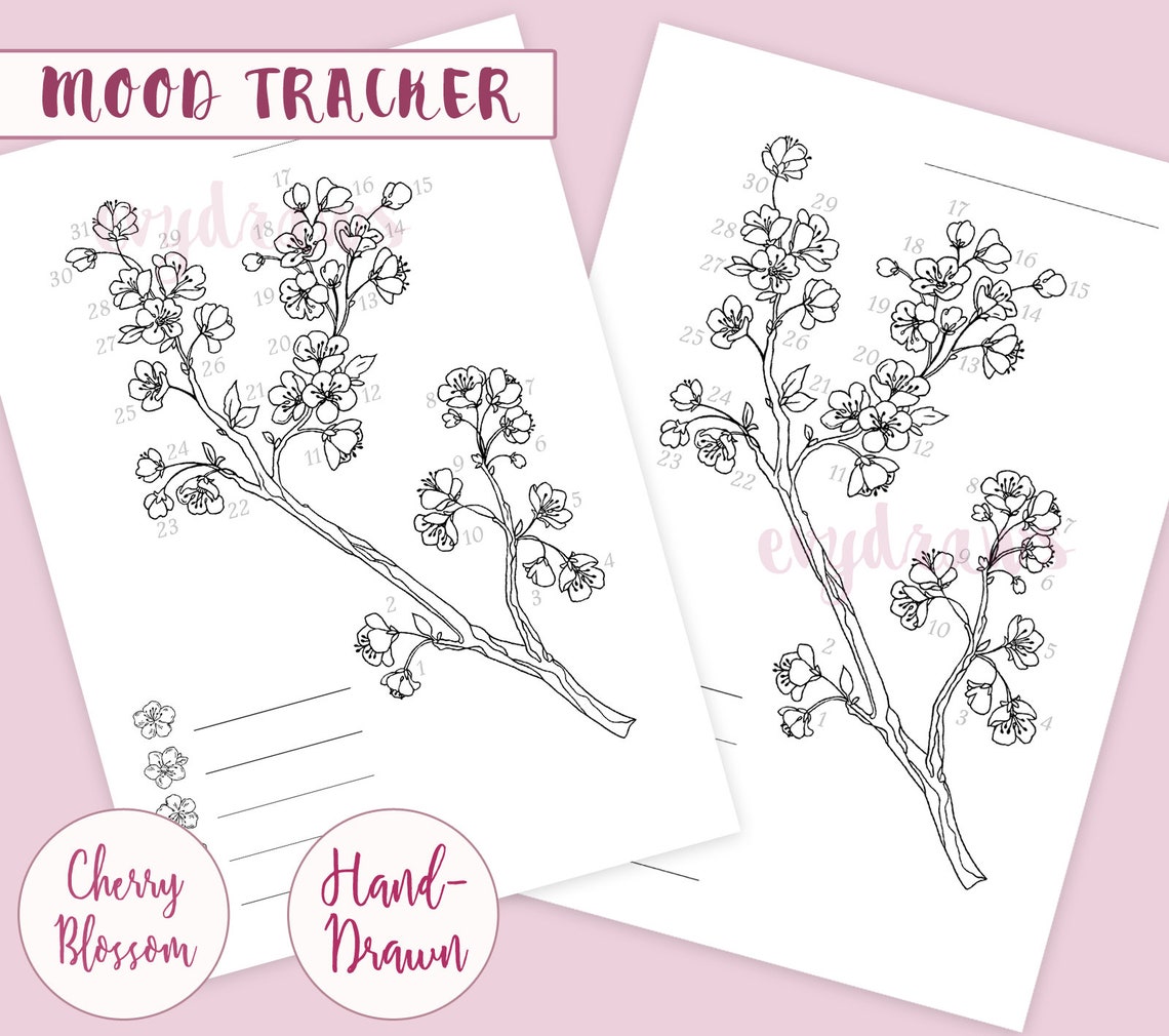 Hand-drawn CHERRY BLOSSOM Mood Tracker Printable Page - Etsy