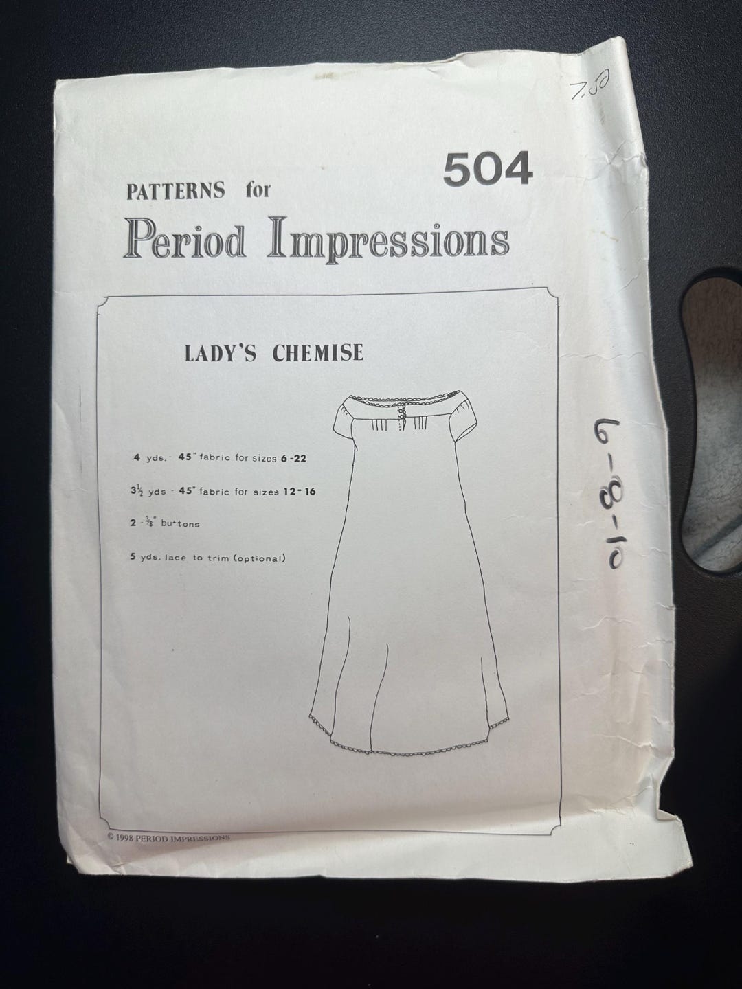 Patterns for Period Impressions Sewing Pattern 504 , Lady’s Chemise ...