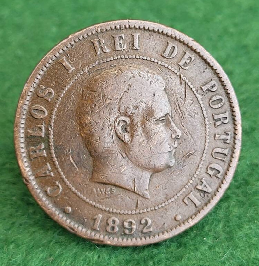 Antique Portugese Coin - 1892 Portugal 20 Reis Copper Coin. King Carlos ...
