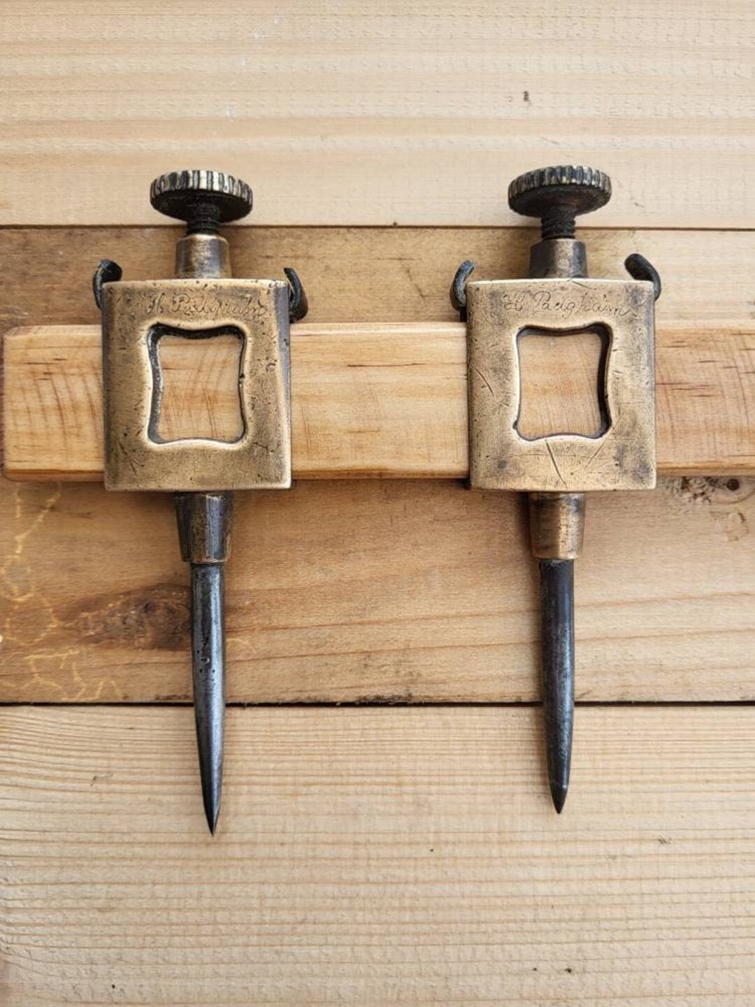 Pair of Antique Brass and Steel Trammel Heads Marked H Padgham. Antique ...