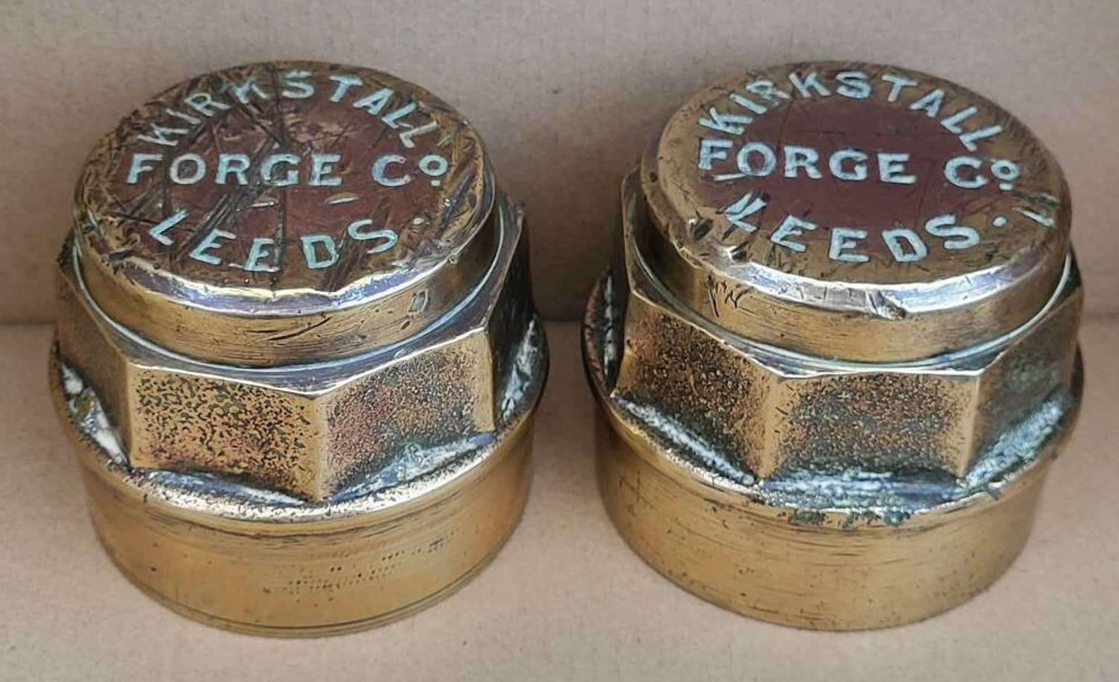 Pair of Antique Brass Wheel Hubs. Pair of Antique Kirkstall Forge Co ...