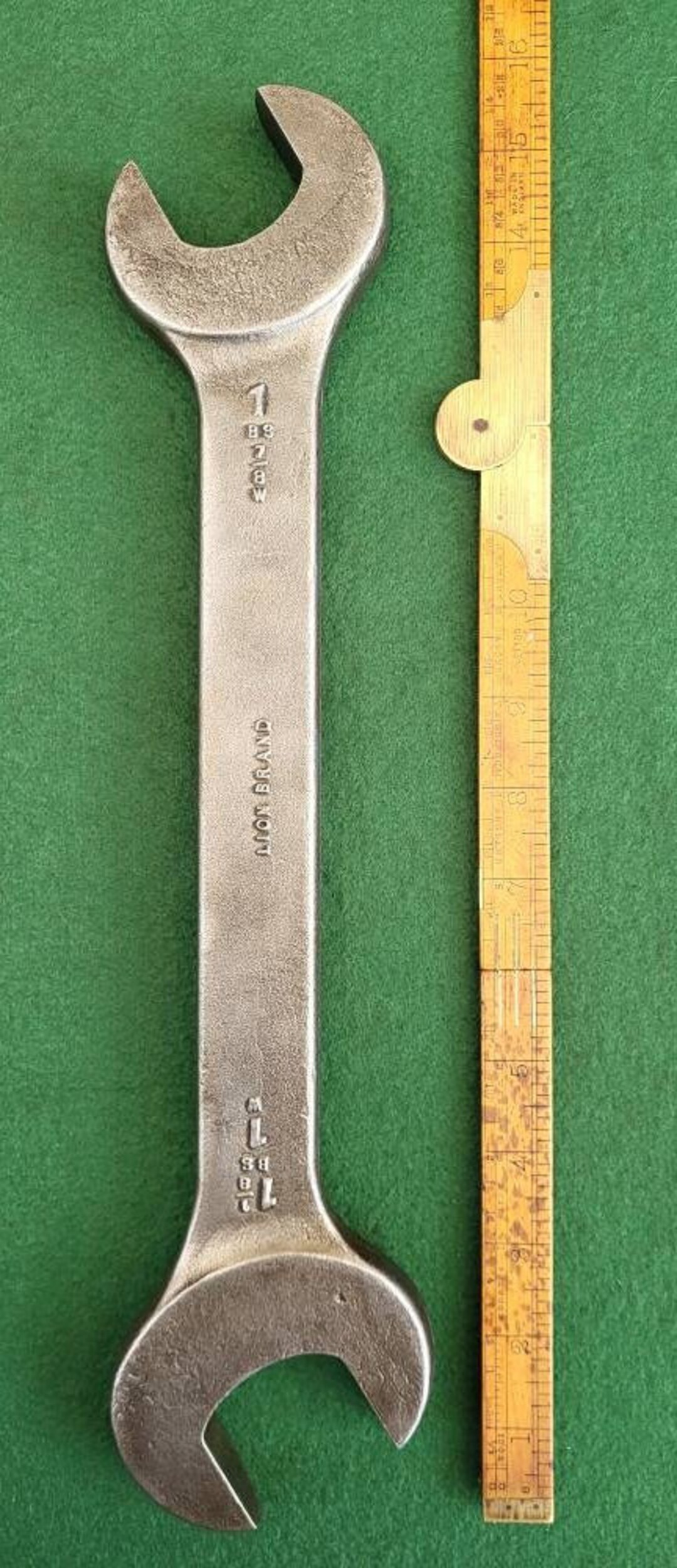 Large Vintage "lion Brand" Double Open Spanner - 1 1/8 BS and 1 W and 1 ...