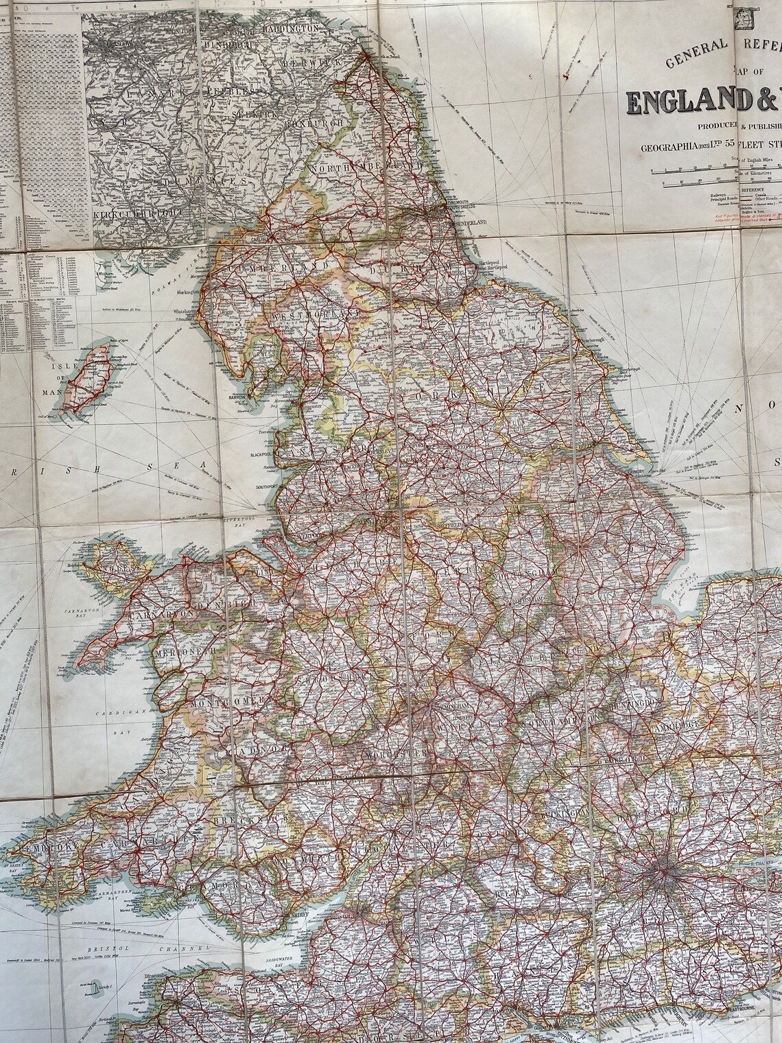 Antique Cloth Back Geographia Map of England and Wales 1923. Geographia ...
