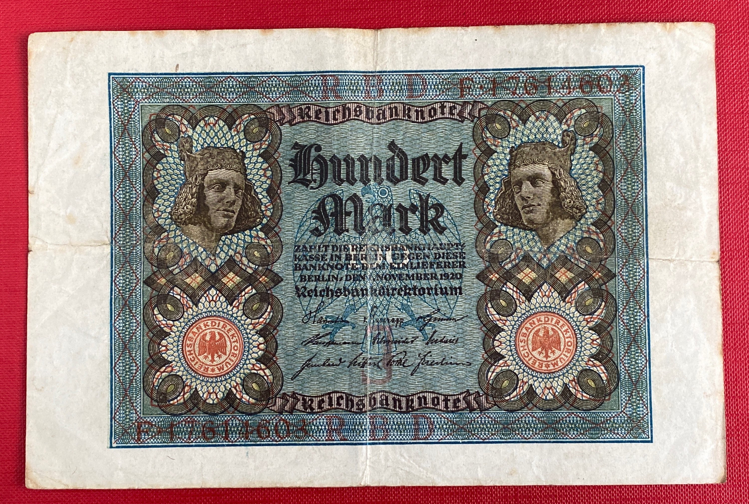 Antique Reichsbanknote - Hundert Mark 1920. Hundert Mark 1920. Post WWI ...