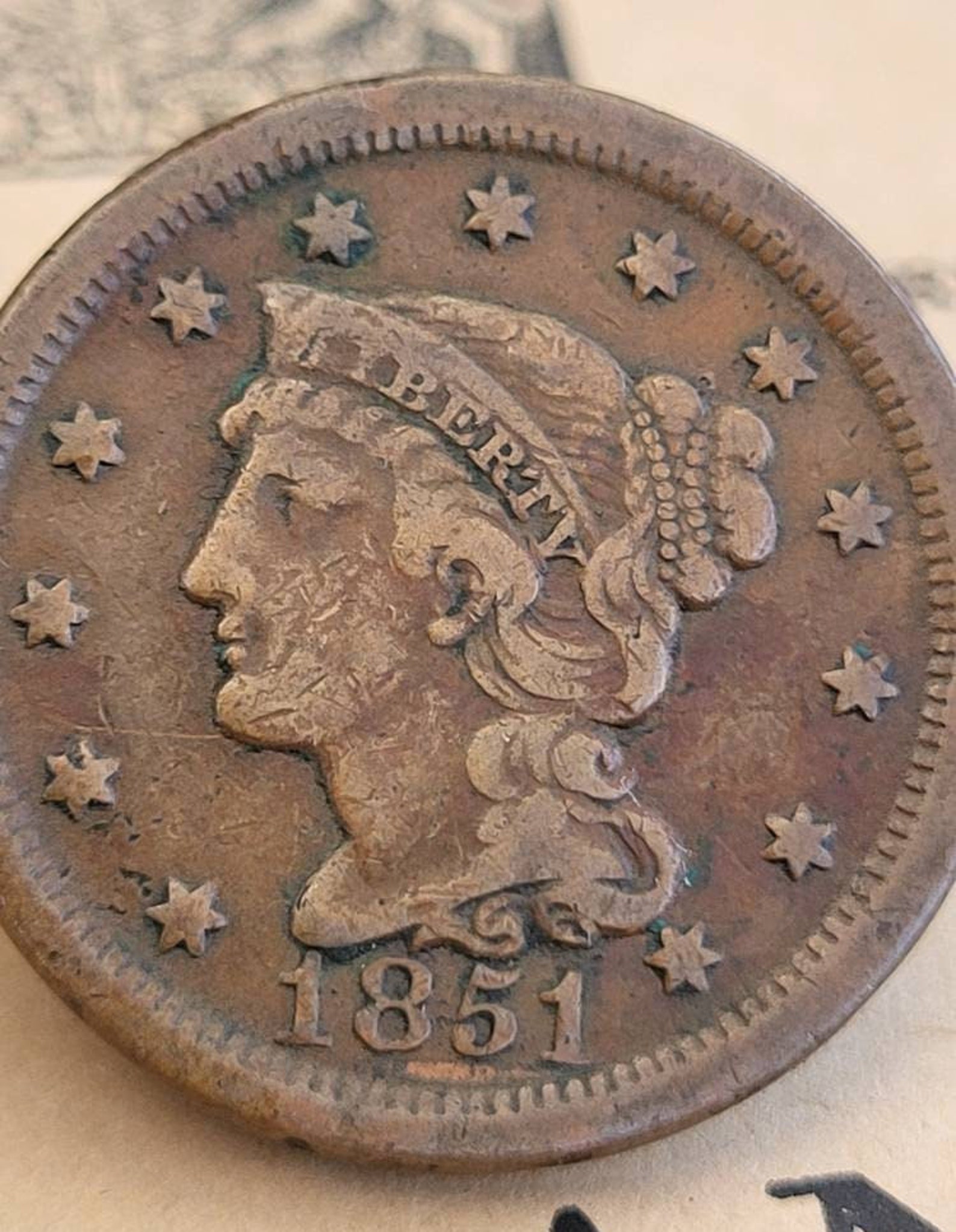 1851 American Large One Cent. 1851 Libery Head One Cent. Antique U.S.A ...