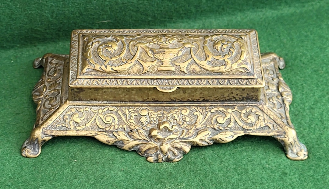 Vintage Brass Ornate Stamp Box With Art Nouveau Style Decoration to Lid ...
