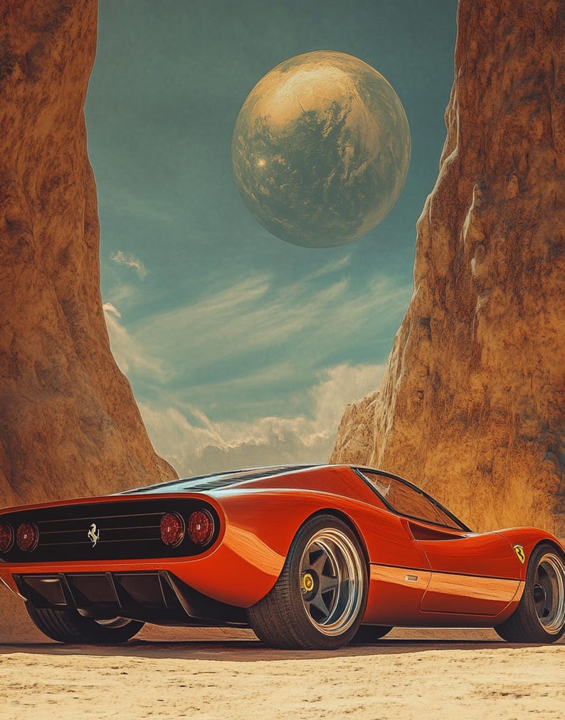 Retro Sports Car in Alien Landscape - Digital Art Print - Instant ...