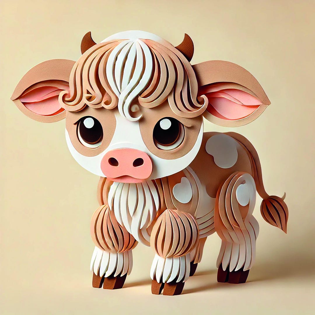Adorable Baby Cow 3D Paper-cut Art - Cute Farm Animal Digital Print for ...