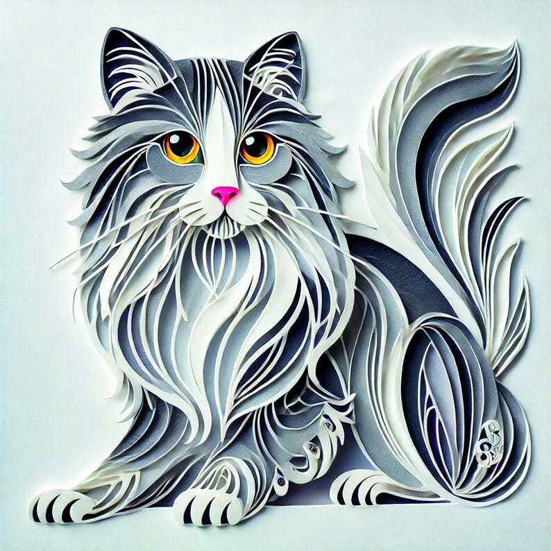 Charming 3D Paper-cut Cat Art - Elegant Feline Digital Print for Cat ...