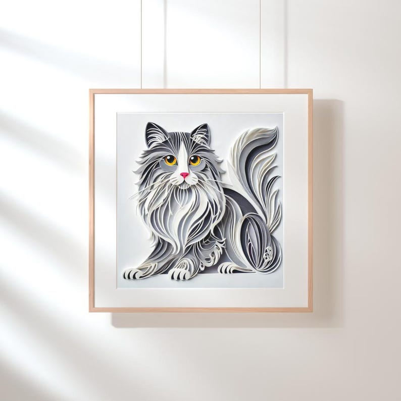 Charming 3D Paper-cut Cat Art - Elegant Feline Digital Print for Cat ...