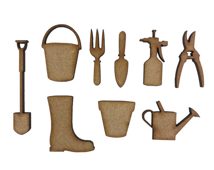20x Mixed Gardening Tools 3cm Wood Craft Embelishments Laser Cut Shape ...