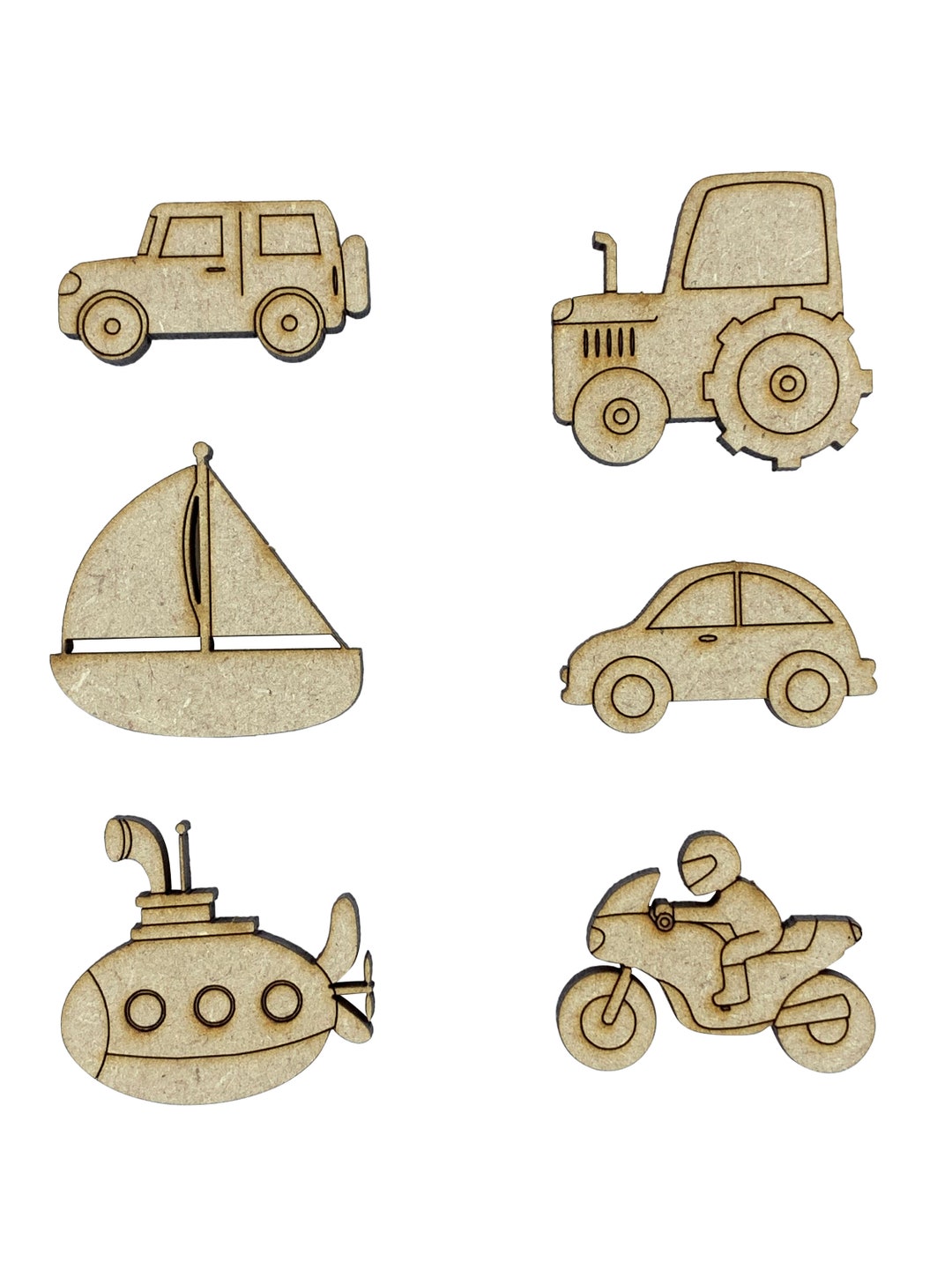 20x Mixed Vehicles With Detail 3cm Wood Craft Embelishments Laser Cut ...