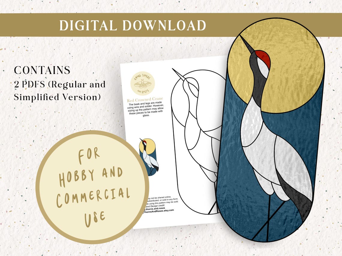 DIGITAL DOWNLOAD | Red Crowned Crane Bird Stained Glass Pattern ...