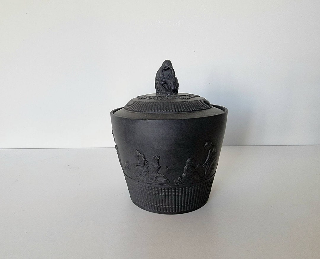 Rare Sugar Pot and Cover of Black Basalt Stoneware, Lady With Barrel ...