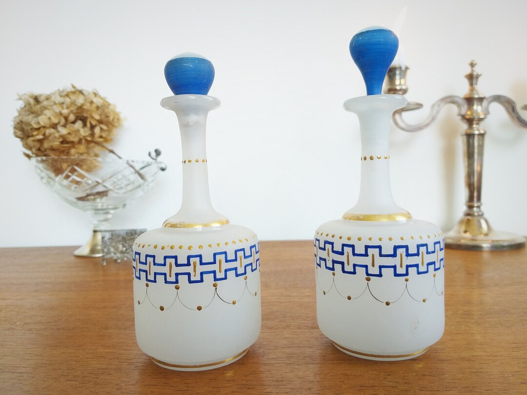 Antique Pair of Frosted Matt Glass Hand-painted Small Bottles W/ Blue ...