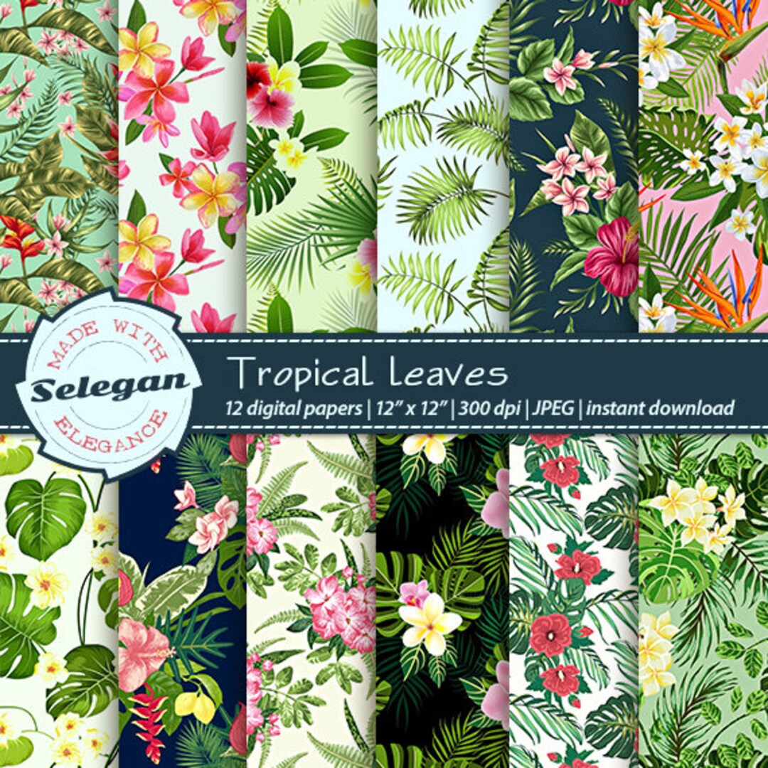 TROPICAL LEAVES Digital Printable Floral Scrapbook Paper, Tropical Rain ...
