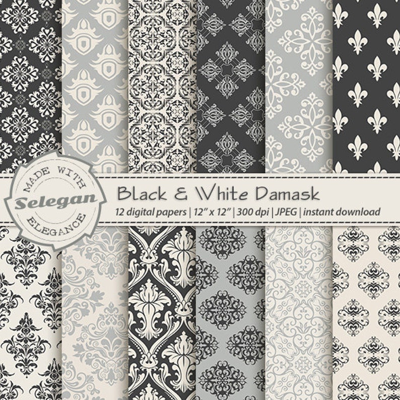 BLACK & WHITE DAMASK Damask Art Pattern Backgrounds - Etsy
