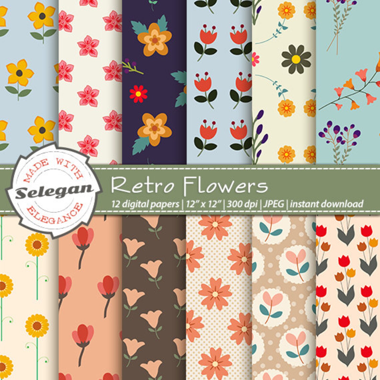 Flower Pattern Digital Scrapbook Paper, RETRO FLOWERS, 12x12 DIY Floral ...