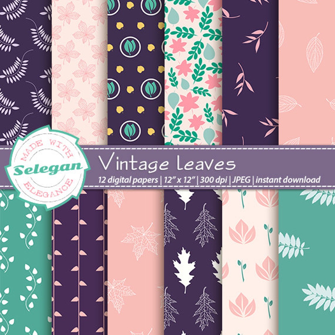 VINTAGE LEAVES Digital Printable Scrapbook Paper, 12x12 Leaves Pattern ...