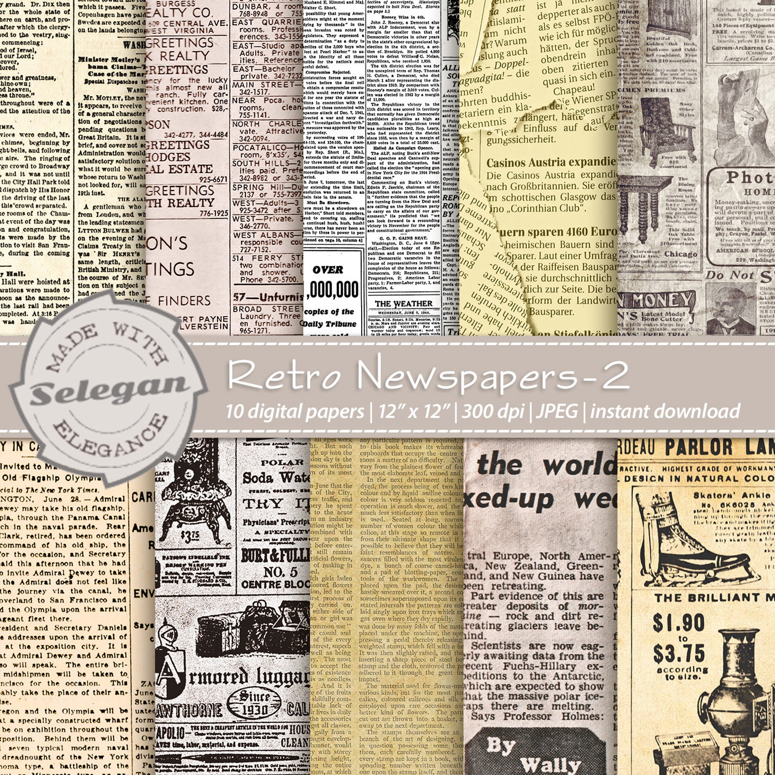 RETRO NEWSPAPERS 2 , vieux magazine, journal vintage, papier imprimable ...