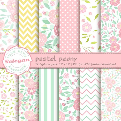 Pink & Blue Floral Digital Paper. Peony Rose Blossom Teal | Etsy
