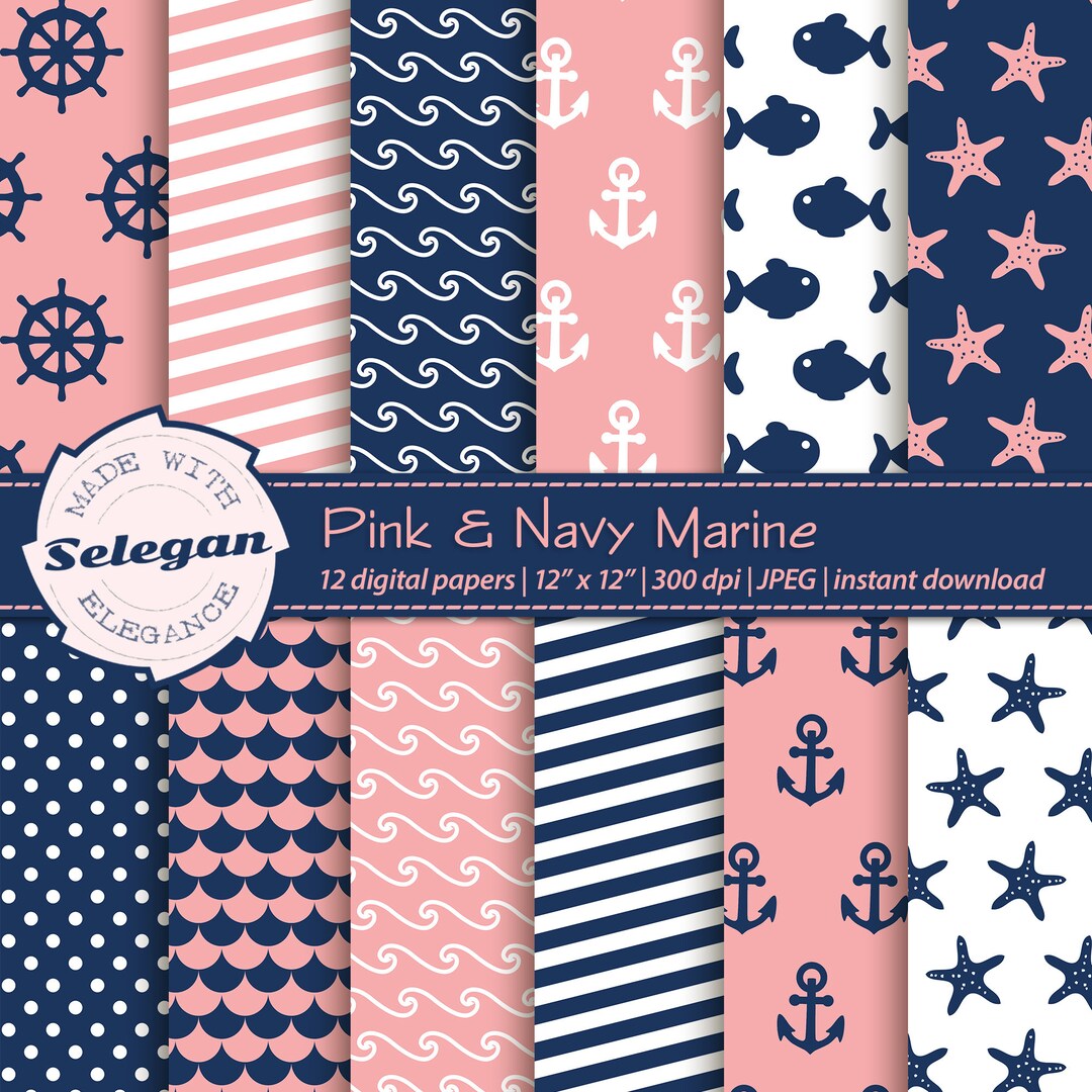 PINK and NAVY MARINE , Digital Printable Scrapbook Paper Pack, Nautical ...
