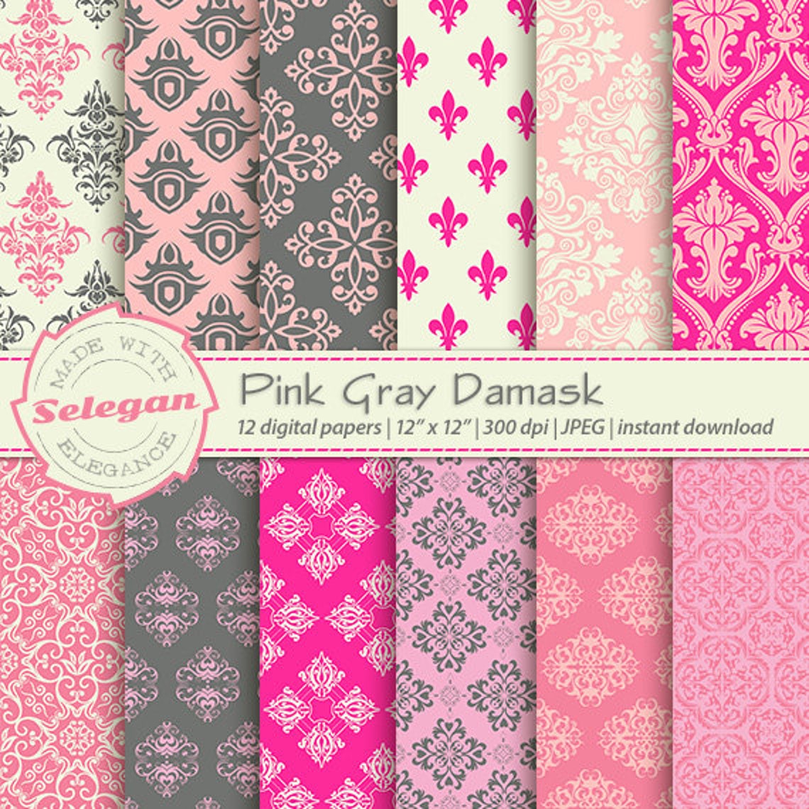 Pink Gray Digital Paper Pink Gray Damask Pink - Etsy