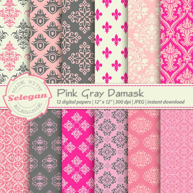 Pink Gray Digital Paper Pink Gray Damask Pink - Etsy