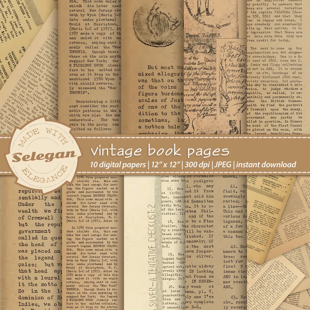 VINTAGE BOOK PAGES 12X12 Antique Style Digital Printable Scrapbook ...
