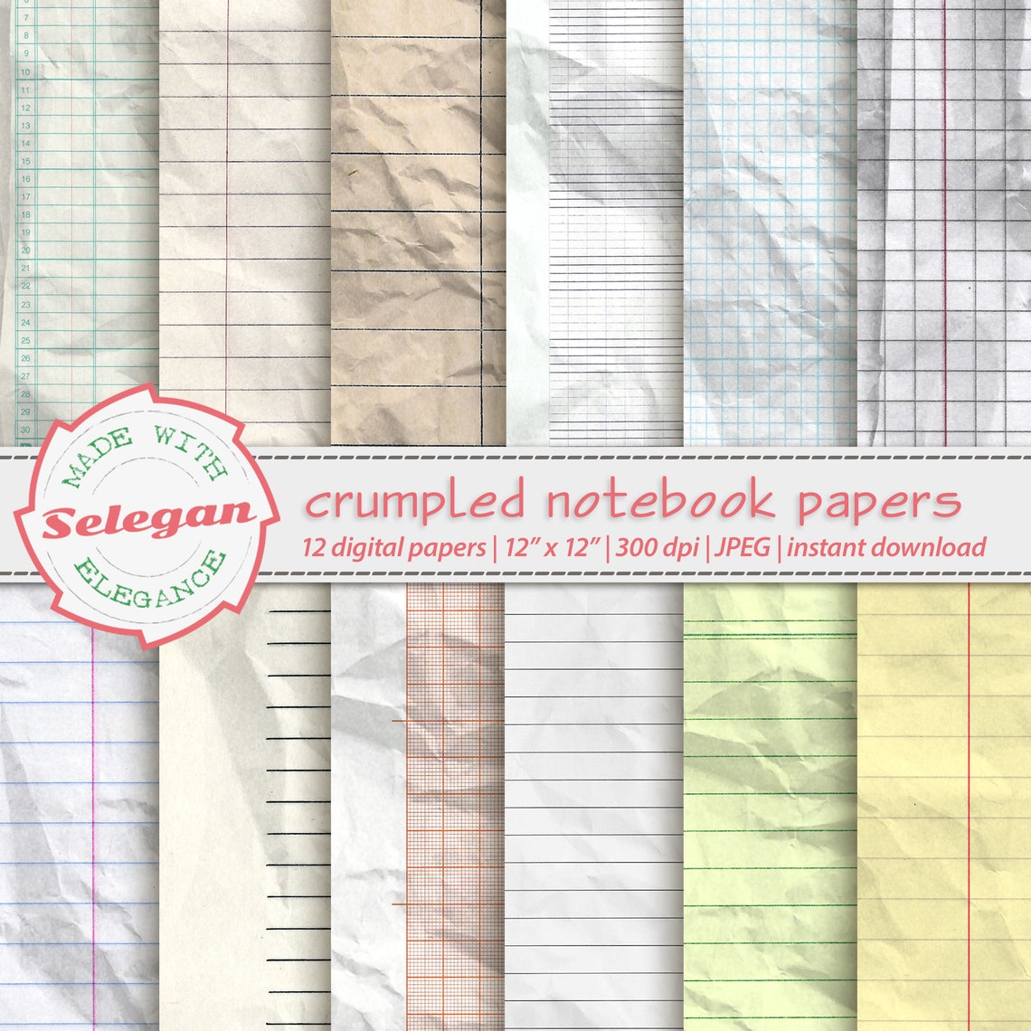 CRUMPLED NOTEBOOK PAPERS , Digital Printable Old Wrinkled Notebook ...