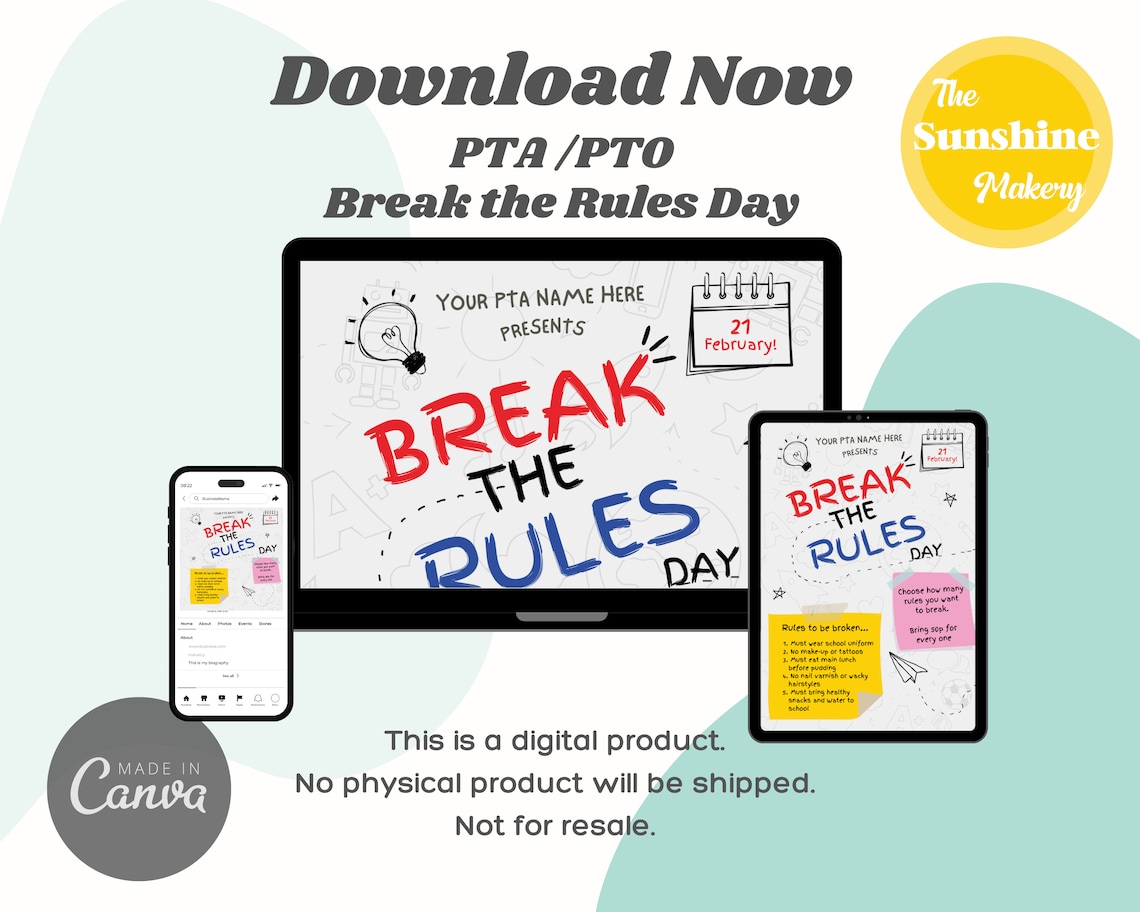 PTA / PTO Event Break the Rules Day Editable Canva Template - Etsy UK