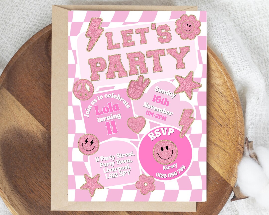 Editable Preppy Varsity Patch & Smiley Face Pink Birthday Invitation ...