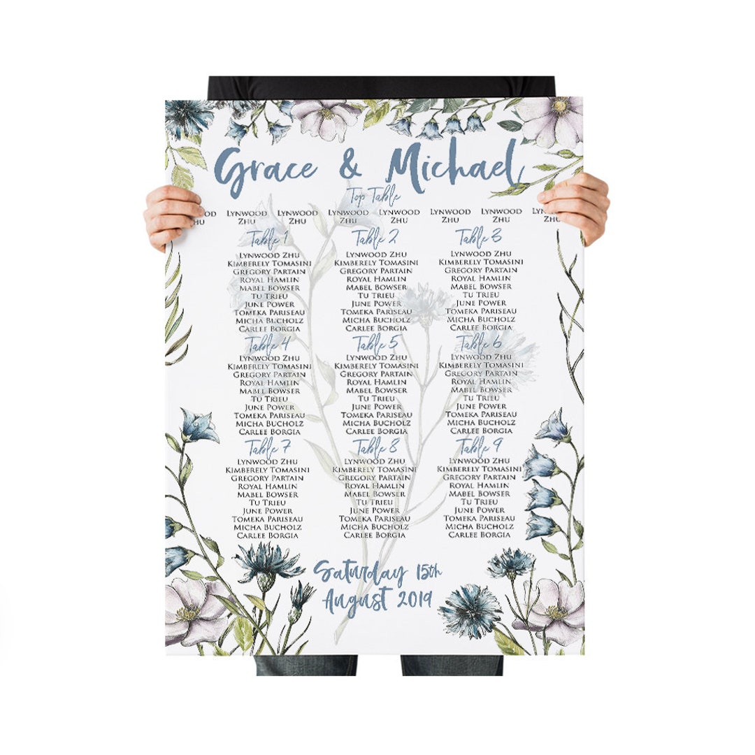 Blue Wedding Seating Plan Template, Welcome Sign / Party Decoration ...
