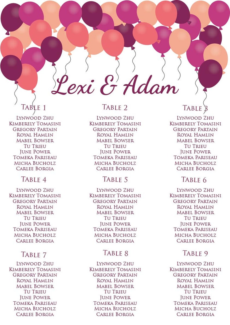 Personalised Balloon Wedding Table / Seating Plan Large Print | Etsy