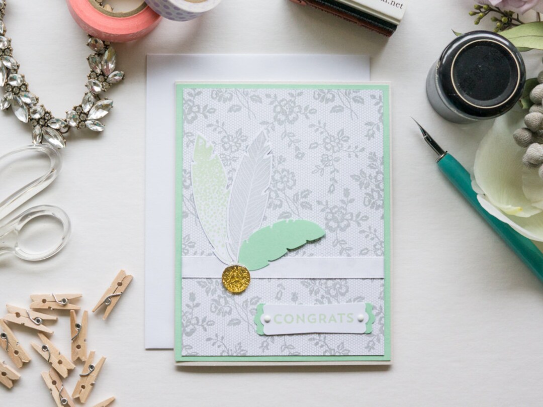 Light Green Feathers Congratulations Card, Handmade Stampin up Greeting ...