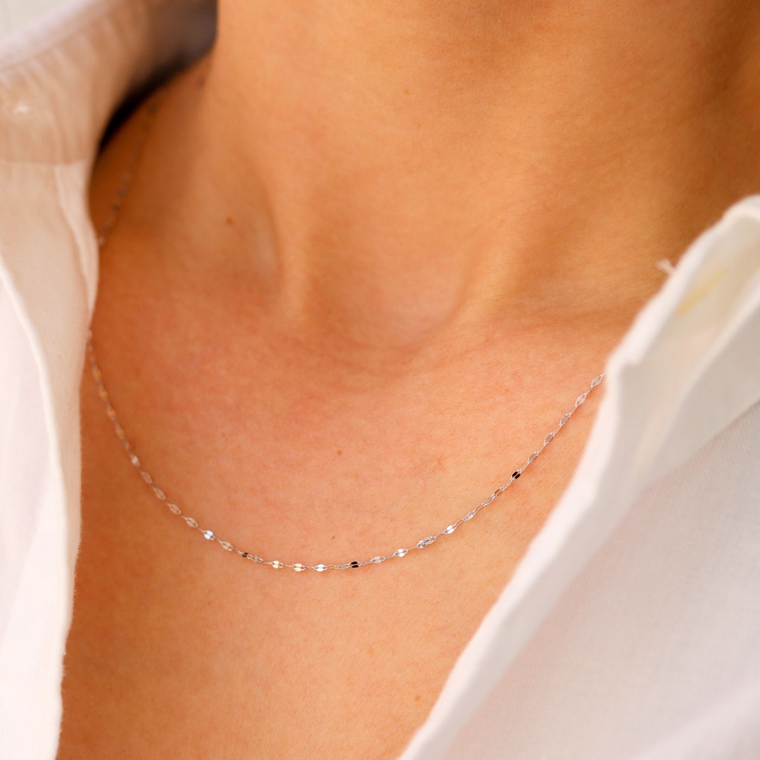 14K Solid White Gold Necklace, Silver Chain Necklace, Dainty Delicate ...