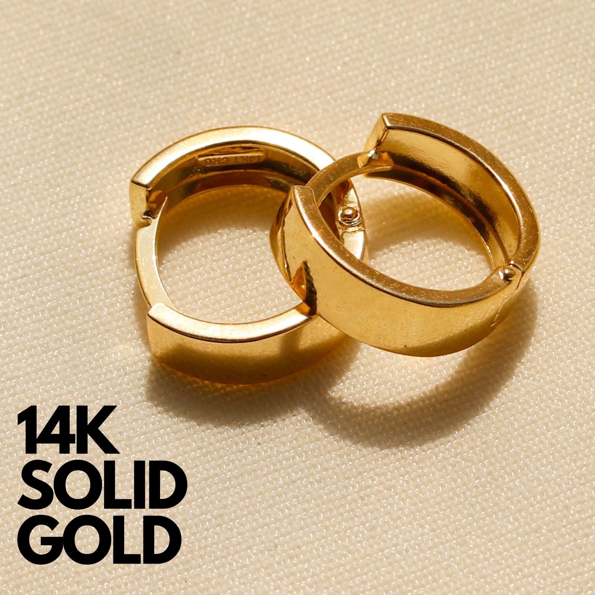 14K Solid Gold Huggie Hoop Earrings, Hinged Snap Back - Etsy