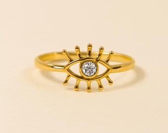 14K Solid Gold Evil Eye Ring: Protection Jewelry - Etsy