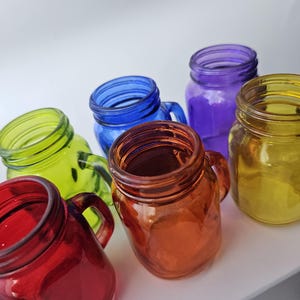 MINI GLASS JAR Mug Colored Mason Jar Bud Vase Red Orange Hot Pink Aqua ...