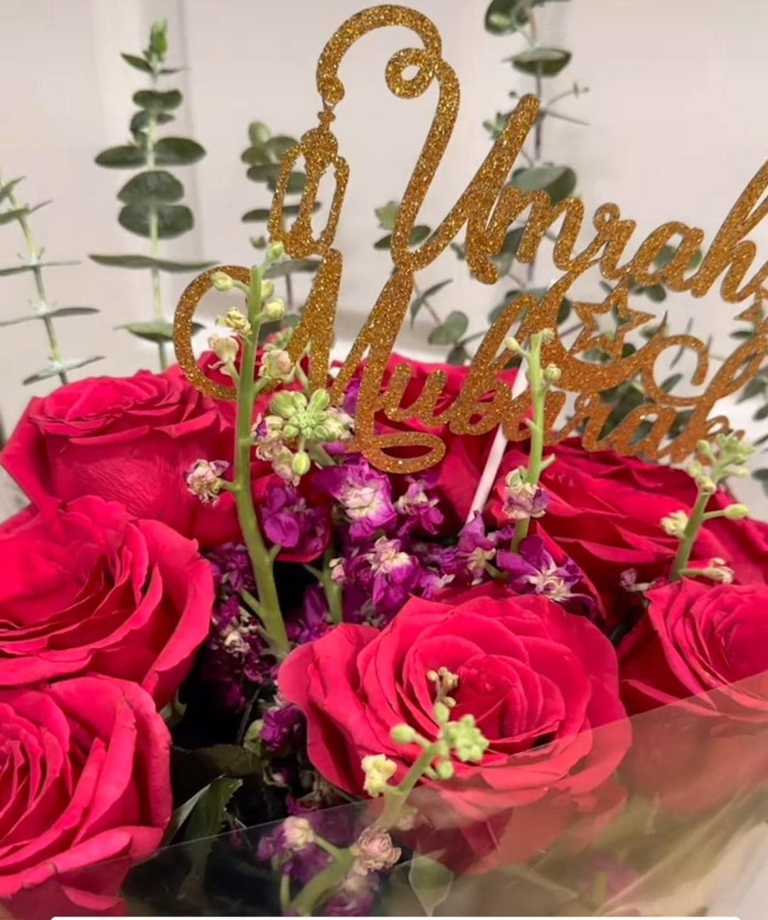 UMRAH MUBARAK Cake Topper Flower Bouquet Insert Sign Gold Glitter Cake ...