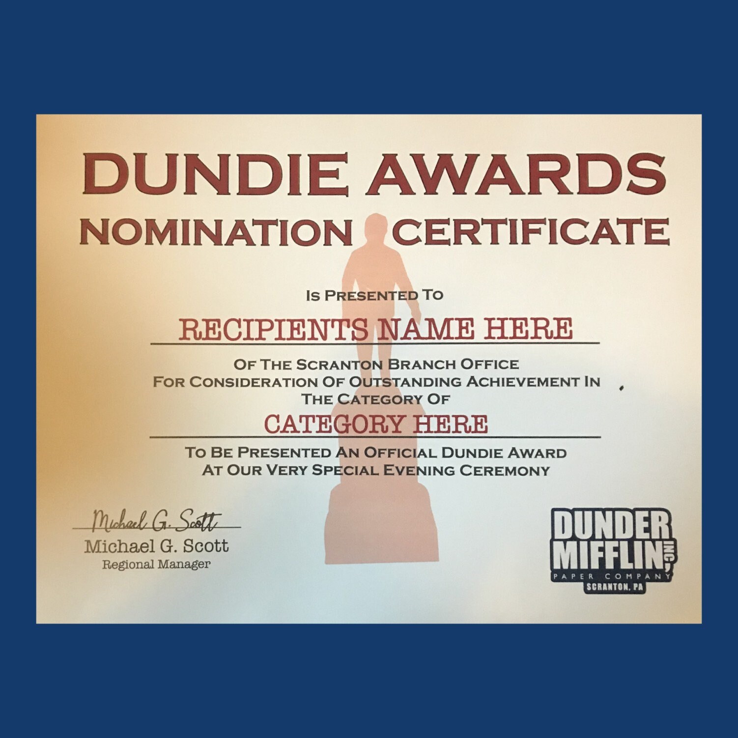 Dundie Award Certificate,the Office TV Show,dunder Mifflin Paper ...