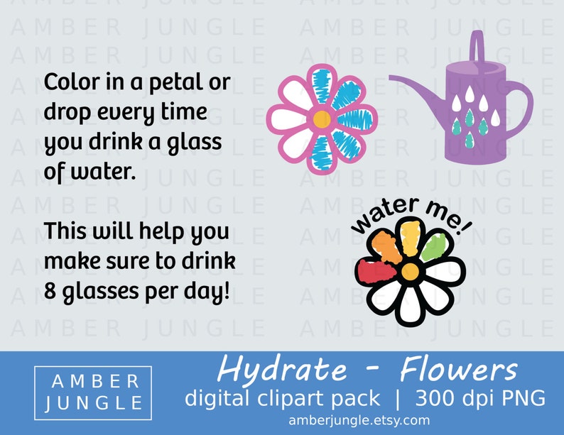 Hydration Clipart Flowers - Instant Download! Watering Can Floral ...