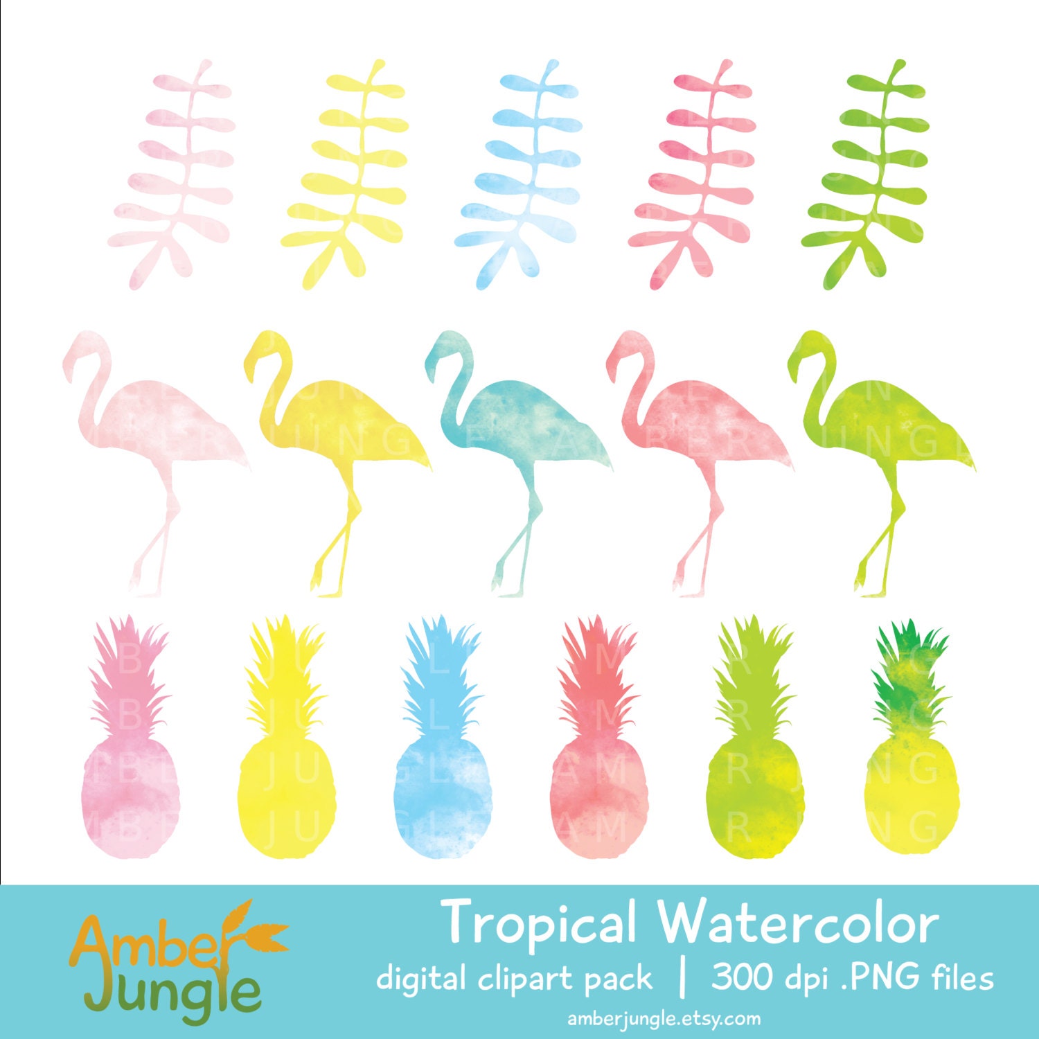 Tropical Watercolor Clipart- Flamingo Pineapple Clip Art- Watercolor ...