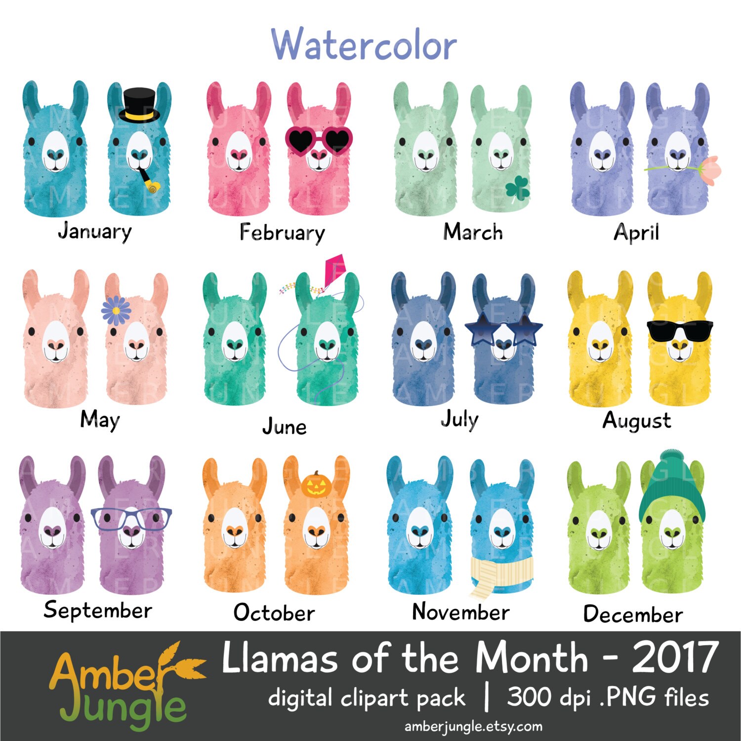 Llama Clipart- Watercolor Planner Clip Art- Colorful Erin Condren ECLP ...