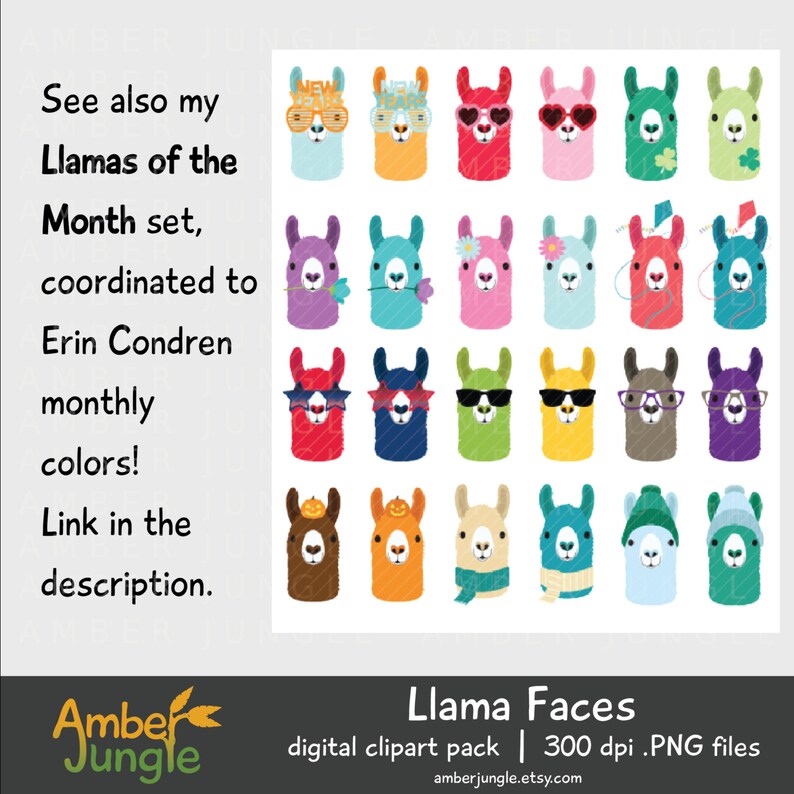 Llama Clipart- Llamas Planner Clip Art- Rainbow Llama Faces for Planner ...